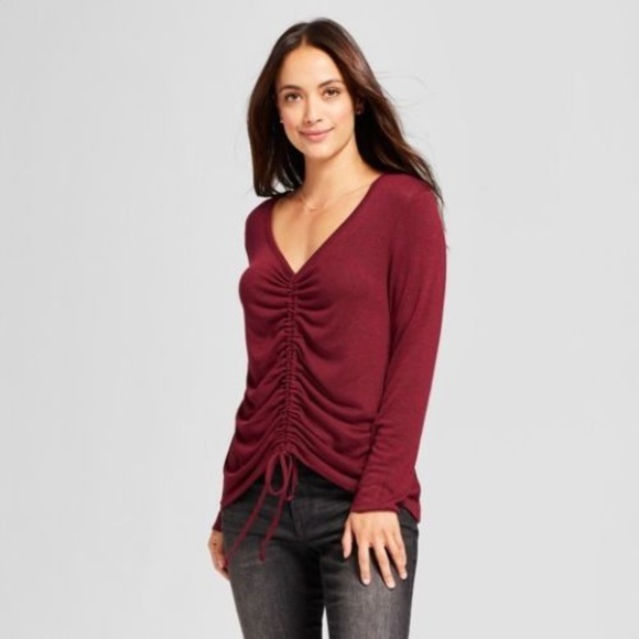 a new day | Tops | Burgundy Long Sleeve Rushed Front Knit Stretch Top ...